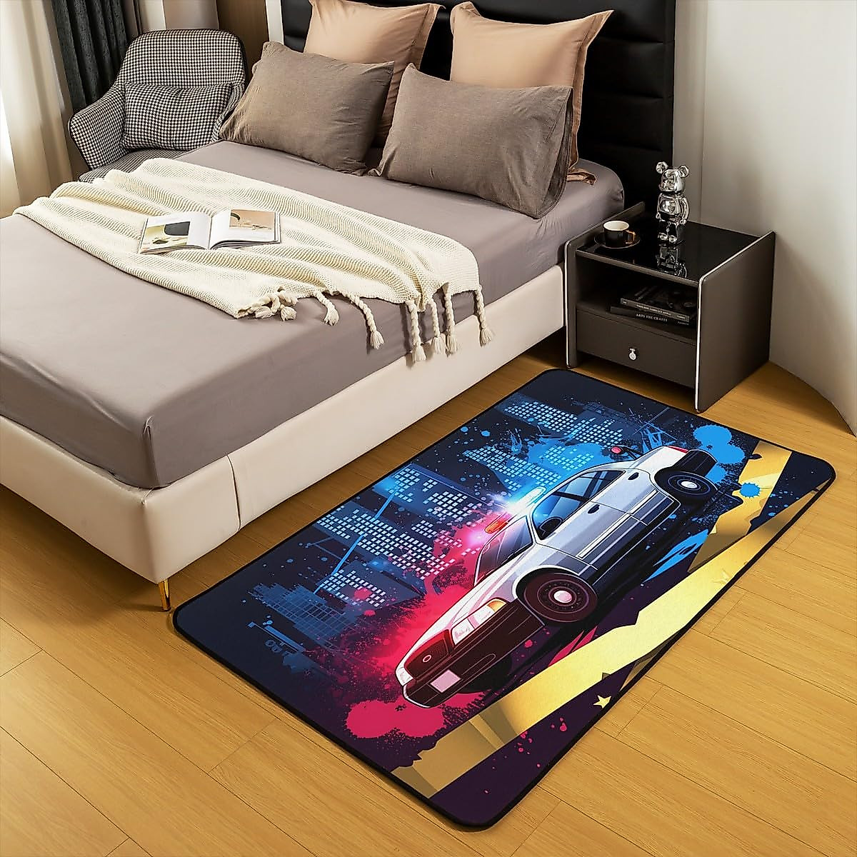 Police Car Area Rug 3x5 Cartoon Police Van Carpet for Teens Boys,Policeman Vehicle Car Accent Rug Set Red Blue Cop Lights Truck Rug Emergency Strobe Light Decor for Bedroom Playroom Living Room