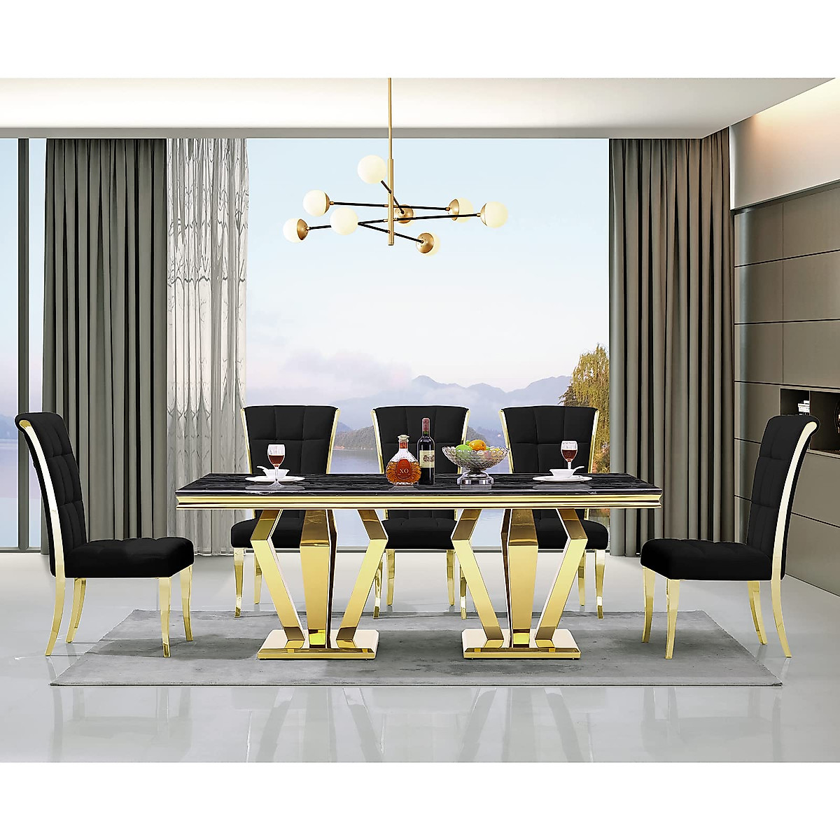 Asday Black and Gold Dining Chairs Set of 4, Black Velevt Upholstered Kitchen Chair with Metal Ring Pull, High Back Dining Chairs with Gold Stainless Steel Legs
