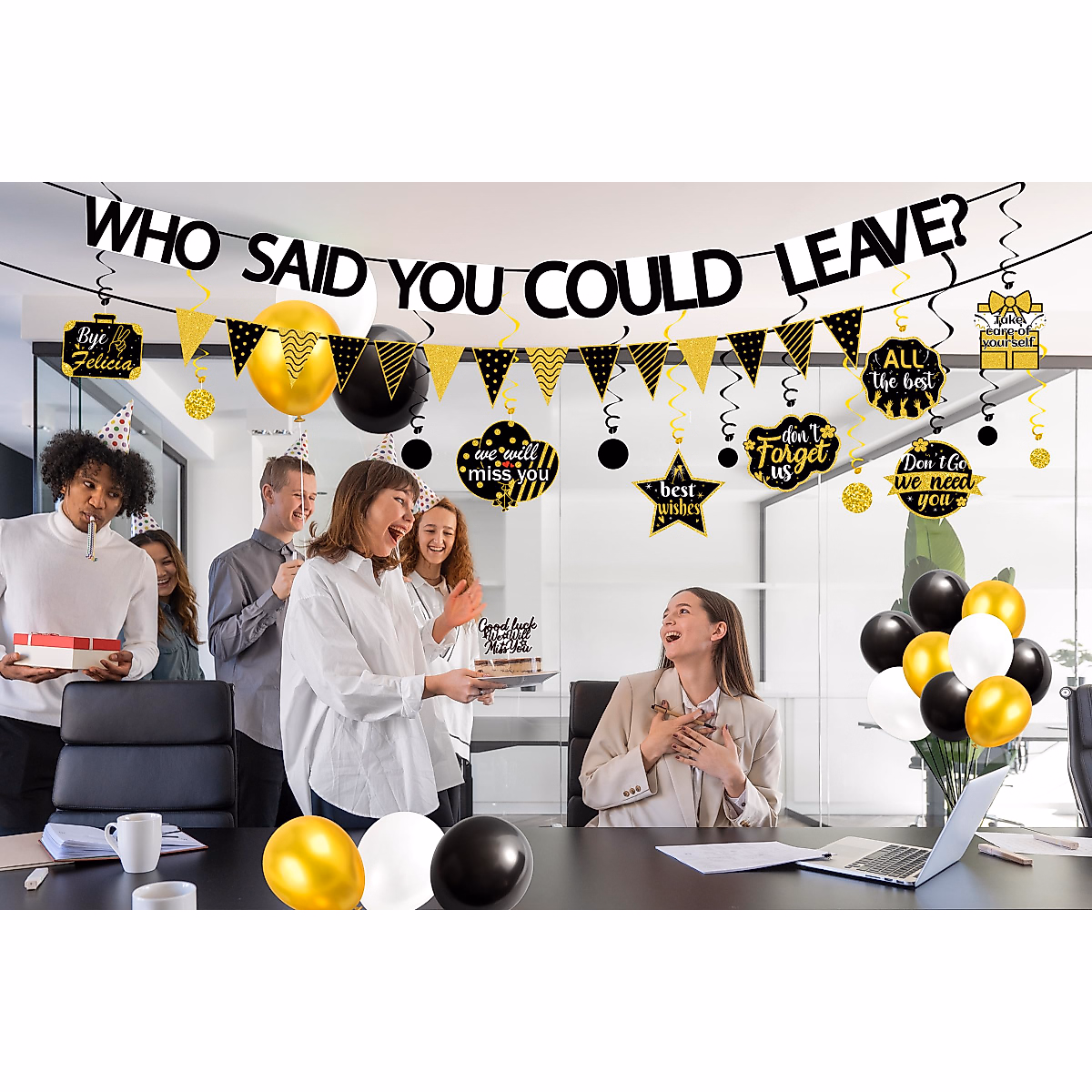 Black and Gold Goodbye Party Decorations - Farewell Decor Balloons + "Who Said You Could Leave" Banner + Hanging Swirls + Cupcake Topper Going Away Supplies