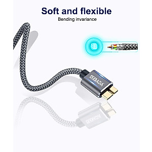 AkoaDa 3.3ft USB Micro B Cable 3.0, External Hard Drive Cord USB A to Micro B Cord Nylon Braided Cord for Samsung S5/Note 3, Camera, Toshiba, Seagate Hard Drive, WD Hard Drive(Grey)