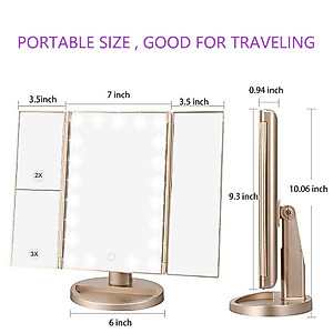 deweisn Floor Mount Tri-Fold Lighted Vanity Mirror with 21 LED Lights, Touch Screen and 3X/2X/1X Magnification, Two Power Supply Modes Make Up Mirror,Travel Mirror