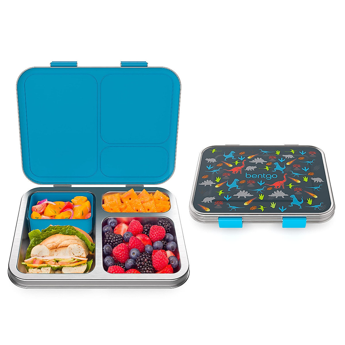 Bentgo® Kids Stainless Steel Prints Leak-Resistant Lunch Box - New Improved 2022 Bento-Style with Updated Latches, 3 Compartments & Bonus Container - Eco-Friendly, Dishwasher Safe, BPA-Free (Dinosaur)