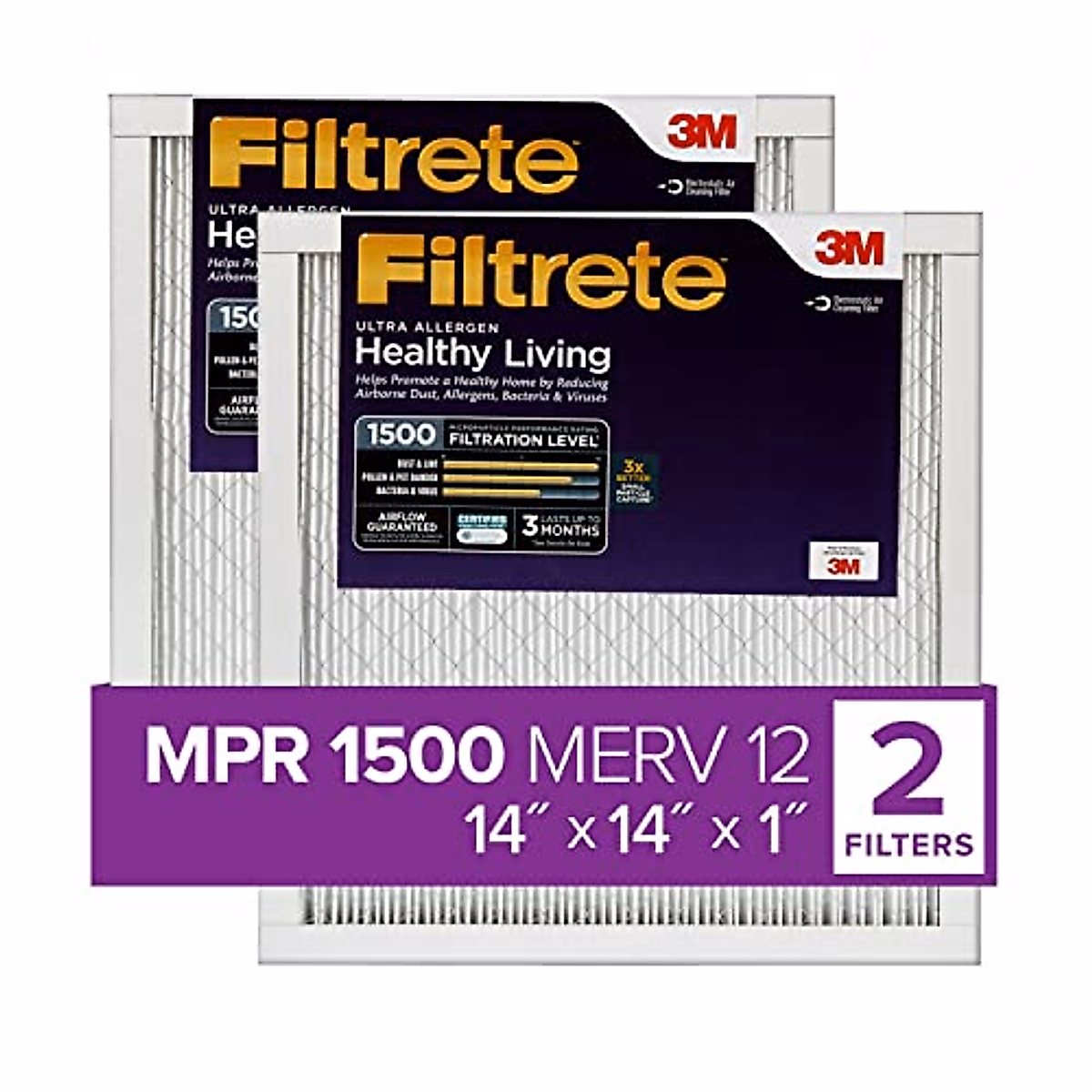 Filtrete 14x14x1 Air Filter, MPR 1500, MERV 12, Healthy Living Ultra-Allergen 3-Month Pleated 1-Inch Air Filters, 2 Filters