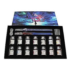 XIAOYU Glass Dip Pen Set, 18 Pieces Calligraphy Pens Set - 14 Color Inks, Pen Holder, Cleaning Cup, 2 Crystal Glass Pens for Art, Writing, Drawing, Signatures