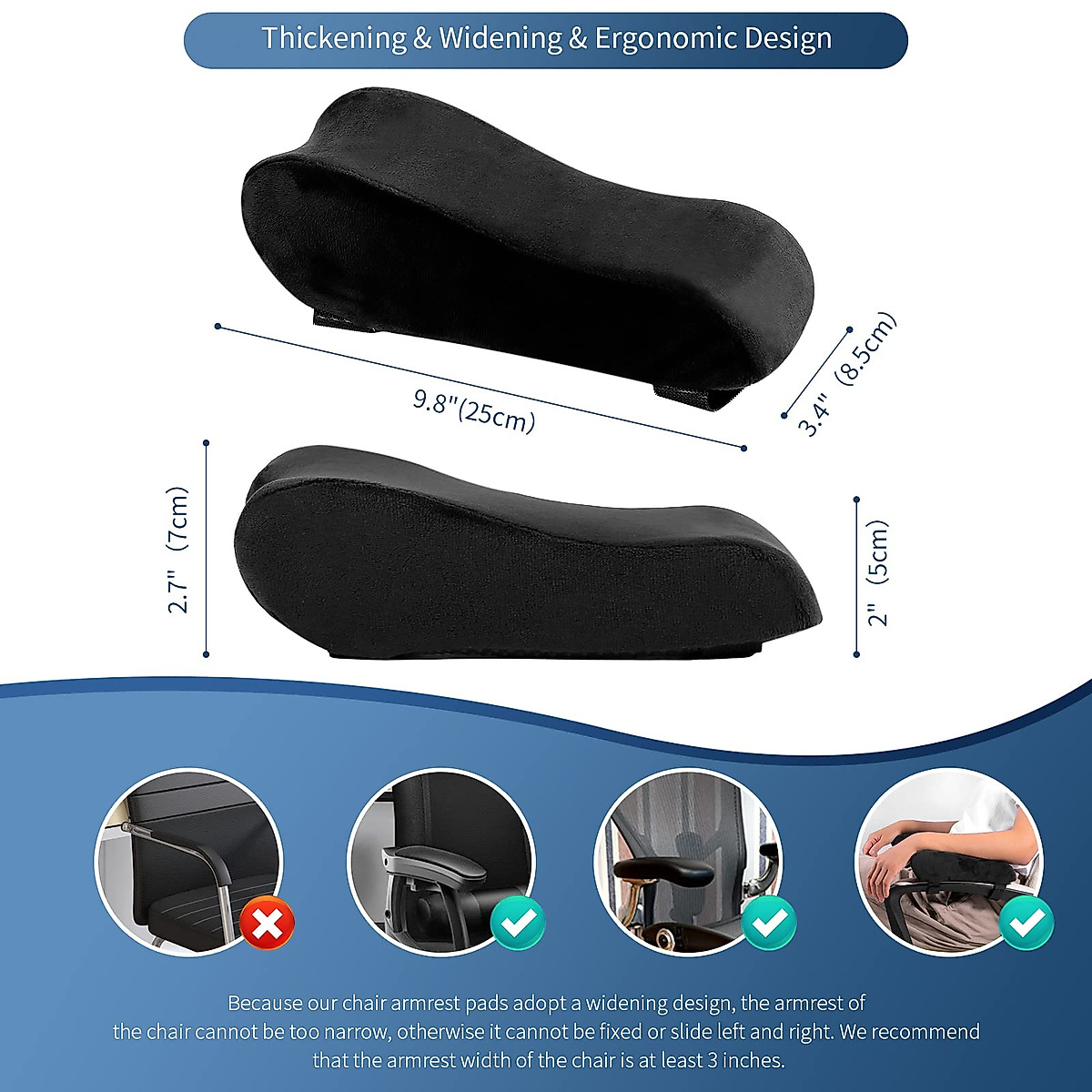 Chair Armrest Pads, Widen & Thicken Ergonomic Chair Arm Pads with Memory Foam for Office Chairs, Gaming Chair - for Elbows and Forearms Pressure Relief (2 Pack)