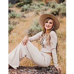 BTFBM Women's Two Piece Lounge Set Long Sleeve Bodycon Ribbed Knit Crop Top Loose Wide Leg Pant Casual Outfits Sweatsuit(Solid Apricot, Medium)