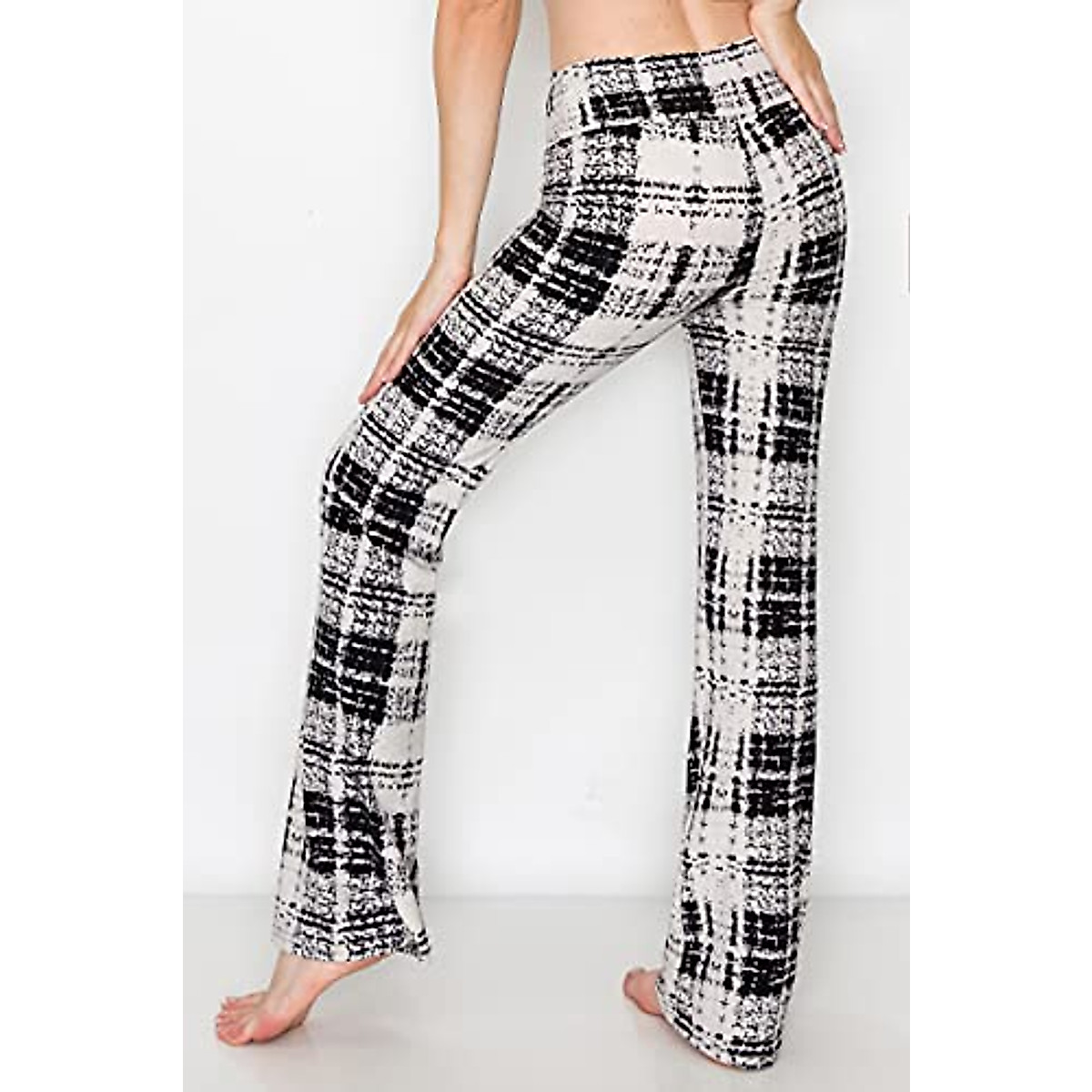 ALWAYS High Waist Flare Pants - Buttery Soft Bootcut Leggings Palazzo Black and White Plaid 2942 XL
