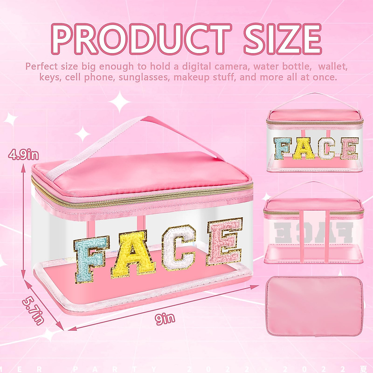 Iqimott Preppy Clear Makeup Cosmetic Bag for Women Travel, Nylon PVC Chenille Glitter Letter Toiletry Storage Tote Bag, Transparent Waterproof Organizer Zipper Pouch with Handle(Face, Pink)