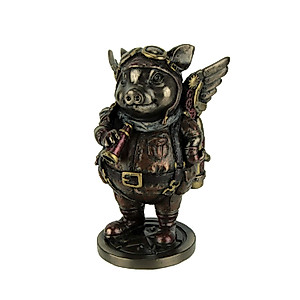 Veronese Design 5 1/4" Steampunk Aviator Flying Pig Resin Figurine Bronze Finish