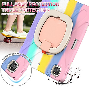 BATYUE iPad Pro 12.9 2021 Case,[Rugged] [Heavy Duty] iPad Pro 12.9 5th Generation Case with 360° Swivel Stand/Handle Grip/Shoulder Strap/Wireless Apple Pencil Charging Pencil Holder - Colourful Pink