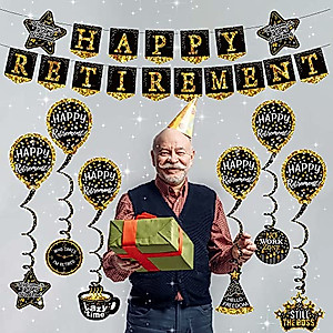 retirement party decorations banner gifts - (22pack) happy retirement gold banner, 6 paper Poms, 6 Hanging Swirl, 7 decorations stickers. retirement sash for men and women (GOLD BANNER)