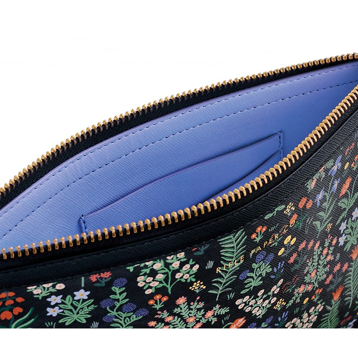 RIFLE PAPER CO. Clutch | 2 Slots for Credit Cards or ID, Gold Zipper and Hardware, Printed in Full Color with Foil Stamped Logo, Wipe Clean (9.75" L × 7" W), Menagerie Garden