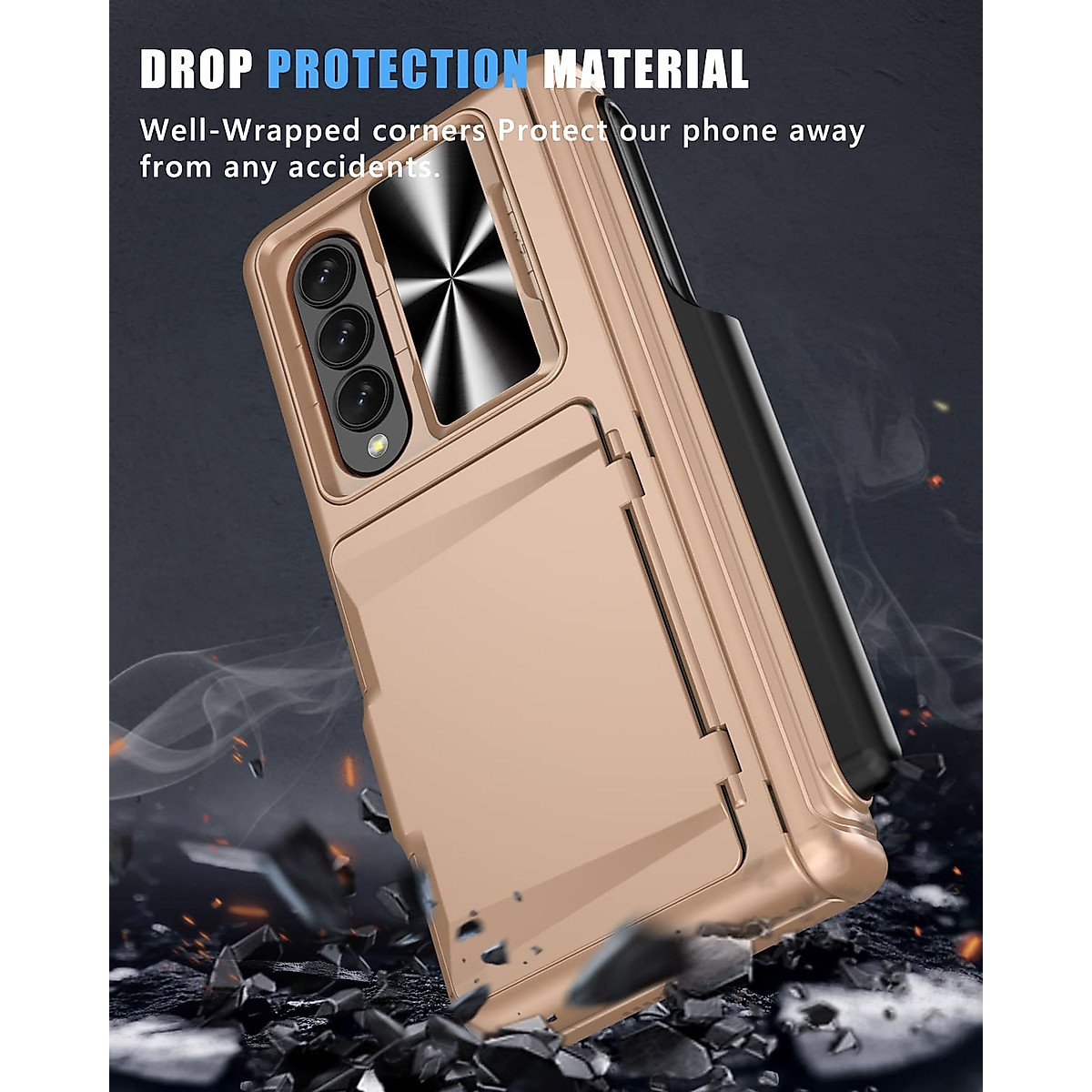 Vihibii for Samsung Galaxy Z Fold 3 Case with S Pen Holder & Hinge Protection, Credit Card Slot Kickstand Design, Slide Camera Cover & Screen Protector, Hard PC Phone Case for Z Fold 3 5G (Rose Gold)