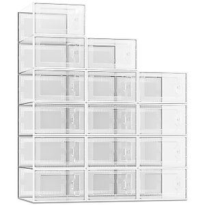 SEE SPRING Large 15 Pack Shoe Storage Box, Clear Plastic Stackable Shoe Organizer for Closet, Space Saving Foldable Shoe Rack Sneaker Container Bin Holder