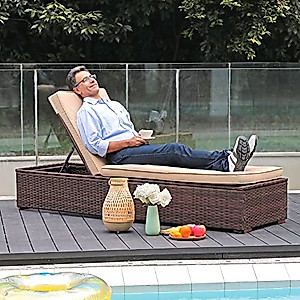 Patiorama Outdoor Patio Chaise Lounge Chair, Elegant Reclining Adjustable Pool Rattan Chaise Lounge Chair with Cushion, Brown PE Wicker, Steel Frame,Set of 2