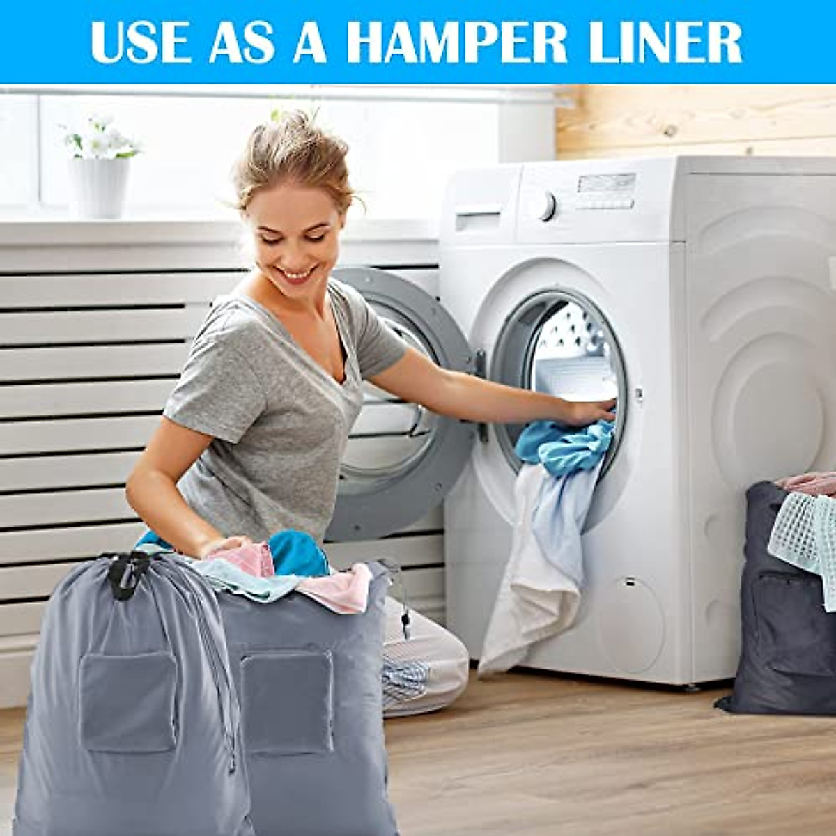 WEIWODUZUN Collapsible Travel Laundry Bag, Dirty Clothes Bag 【Simple】 with Handles and Aluminum Carabiner, Laundry Bag for Travel, Camp, Fitness, and Students Garment Bag