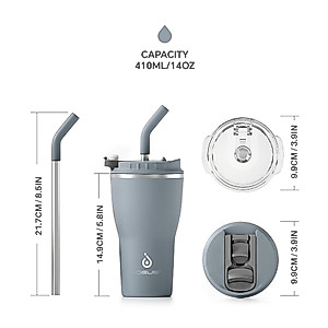 Ideus 14oz Stainless Steel Leak Proof Tumbler, Insulated Coffee Mug with Lid and Straw, Spill Proof Travel Coffee Cup, Double Wall Vacuum Flask for Adult Men and Women, Ultimate Gray