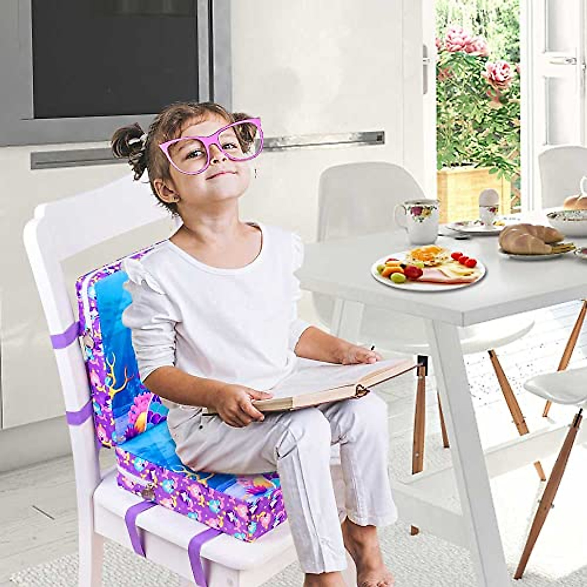 2PCS Toddler Booster Seat for Dining Table, Chair Increasing Cushion for Baby Kids, Washable Thick Chair Seat Pad Mat Strap, Portable Dismountable Adjustable Highchair Booster - Mermaid