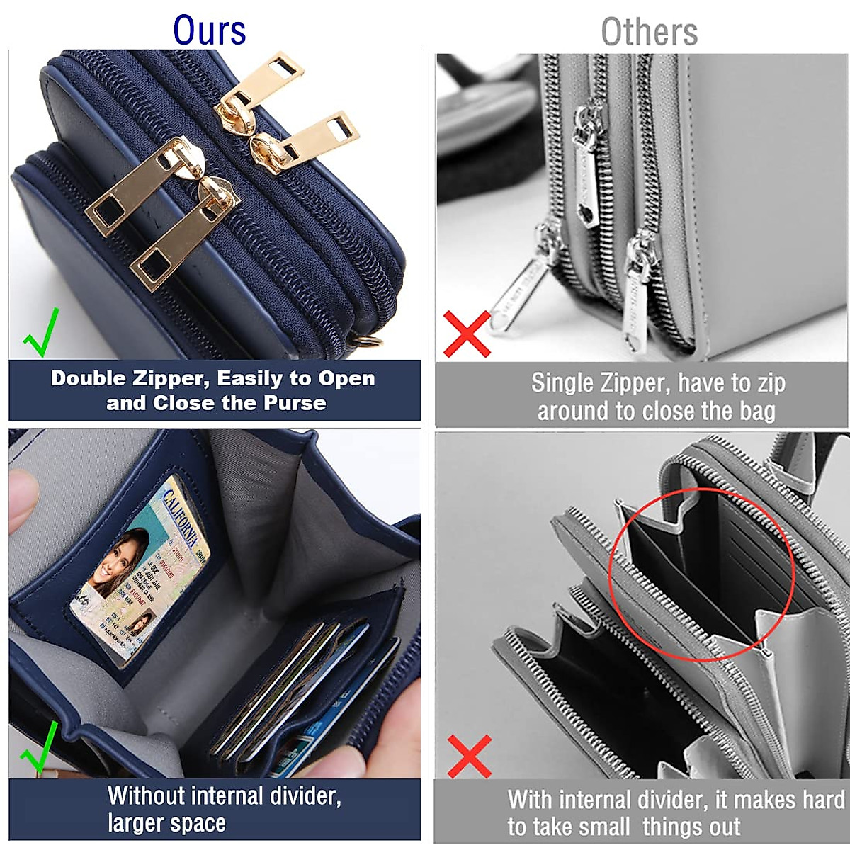 Small Crossbody Phone Bag for Women, RFID Blocking Touch Screen Cell phone Wallet Crossbody Purse Shoulder Strap Credit Card Holder Navy Blue