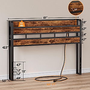 Furnulem Queen Headboard with Storage Shelf,Headboards with RGB LED Light,USB Port and Charging Station,Sturdy Metal Frame & Wood Shelf, Adjustable Height