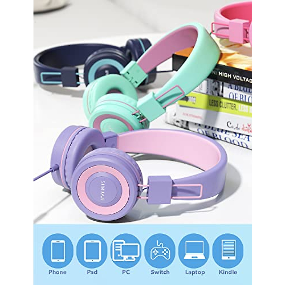 SIMJAR 4 Pack Kids Headphones with Microphone for School Classroom Bulk Set, Volume Limiter 85/94dB, Wired Girls Headphones with Foldable Design for Online Learning/Travel/Tablet/iPad (4 Pack)