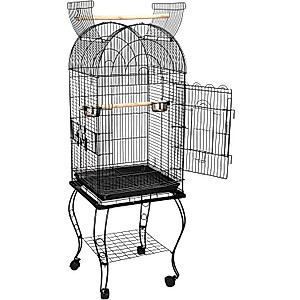 SUPER DEAL 63.5'' Rolling Bird Cage Large Wrought Iron Cage for Cockatiel Sun Conure Parakeet Finch Budgie Lovebird Canary Medium Pet House with Rolling Stand & Storage Shelf