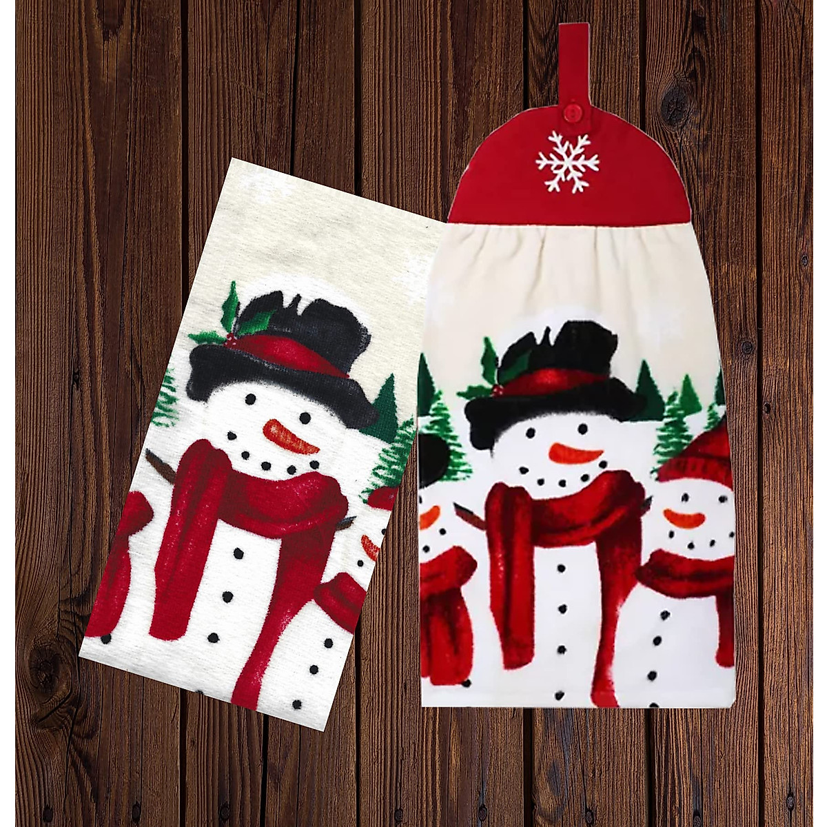 St. Nicholas Square Christmas Kitchen Print Towels, Set of 2, One Hanging Tie-Top with Button Loop Cotton Terry Towel Snowman Family for and Household Red, Black, Beige, Green, Orange 16 x 25 inches