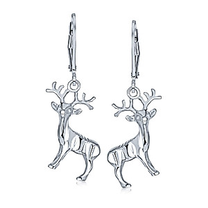 Hunter Outdoor Buck Elk Moose Antelope Christmas Rudolph Reindeer Dangle Earrings For Women Teen Lever back .925 Sterling Silver