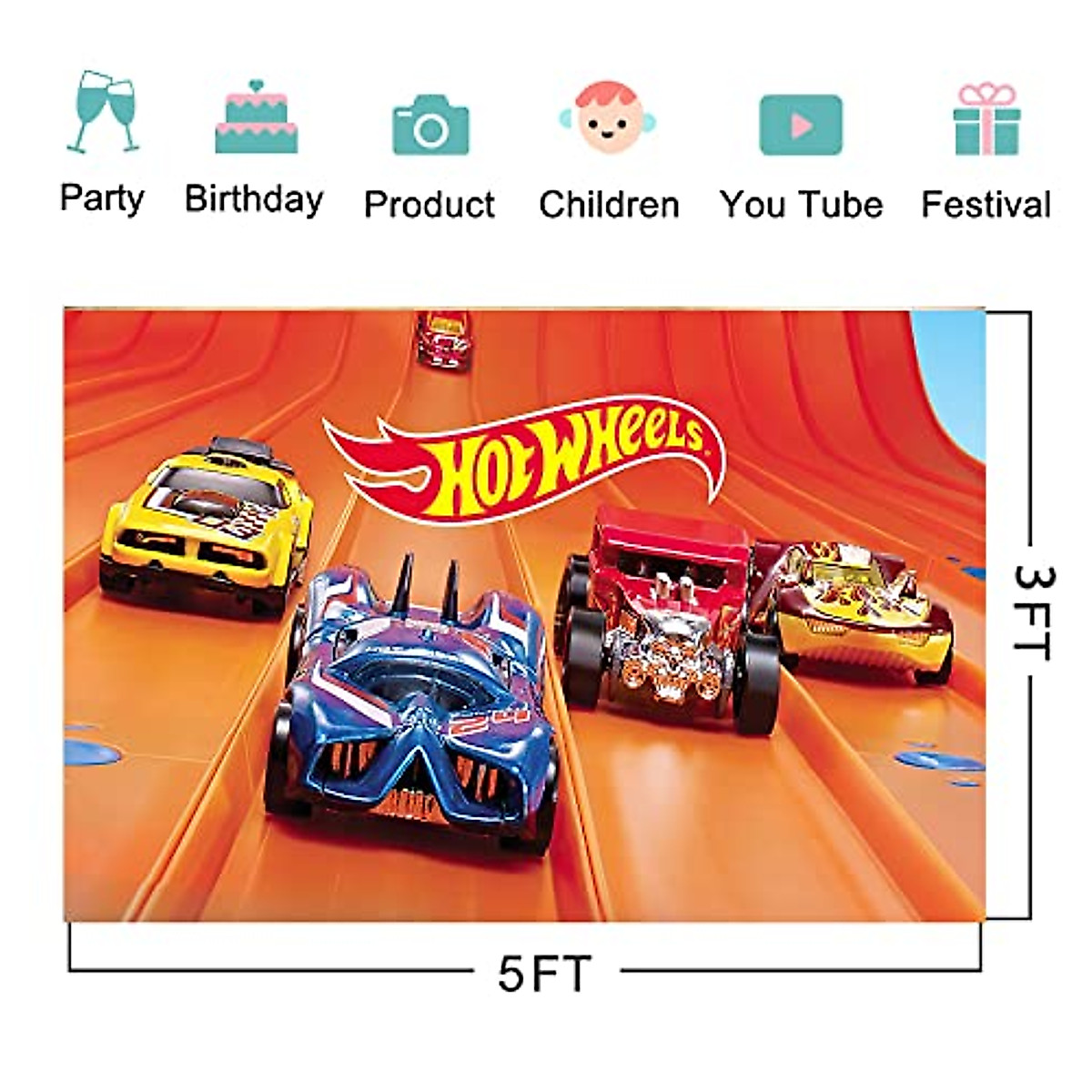 Hot Car Backdrops for Birthday Party Decorations Supplies, Race Cars Photo Backgrounds Boy Cake Table Decorations Banner 5x3ft