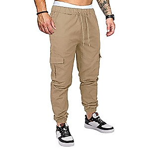 OUTSON Mens Fashion Joggers Sports Pants Casual Cotton Cargo Pants Gym Sweatpants Trousers Mens Long Pant Khaki