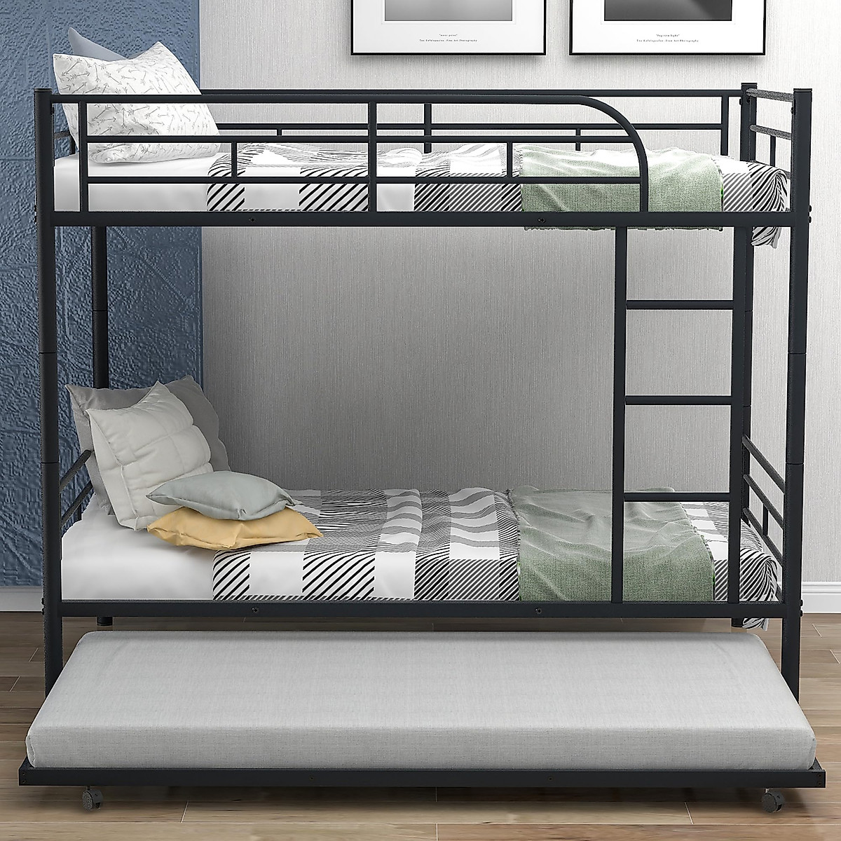 Heavy Duty Metal Bunk Bed Twin Over Twin Bunk Bed with Trundle Bed, Kids Bunk Bed with Ladder and Guardrails, Twin Bunk Beds for Kids, Boys, Girls, Teens, Black Bunk Bed Twin Size