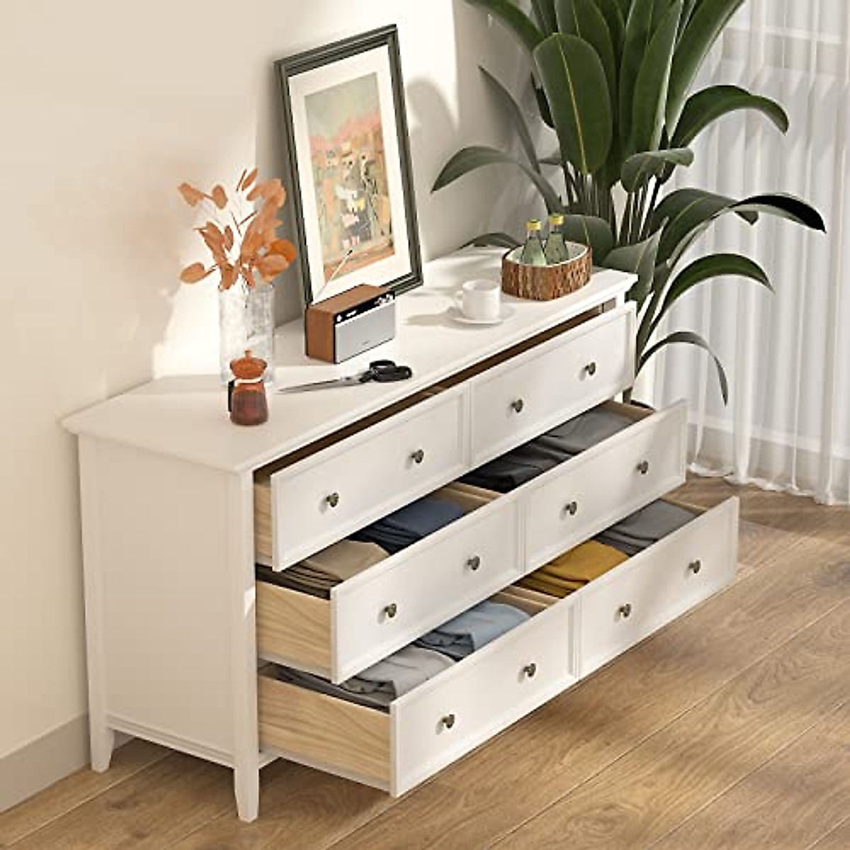 IKENO 6 Drawer Double Dresser, 55 inch Solid Wood Bedroom Dresser in White