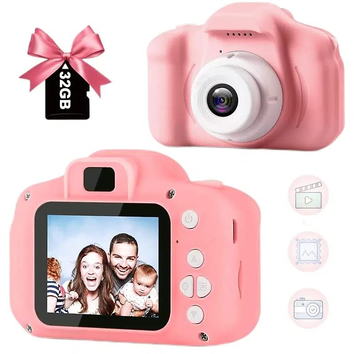 1080P Kids Digital Camera, Color Toy Kids Rechargeable Camera with 2 Inch Screen 13MP 32GB Card