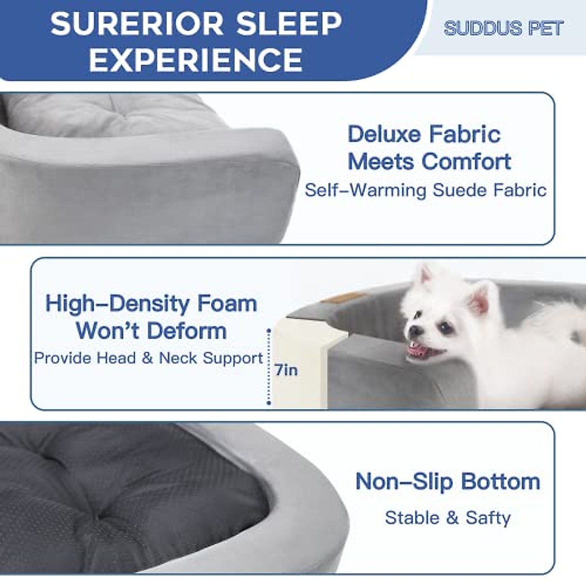 suddus Dog Beds for Small Dogs, Bolster Sofa Dog Bed with High Density Foam, Washable Dog Bed with Removable Cover and Non-Slip Bottom, Grey