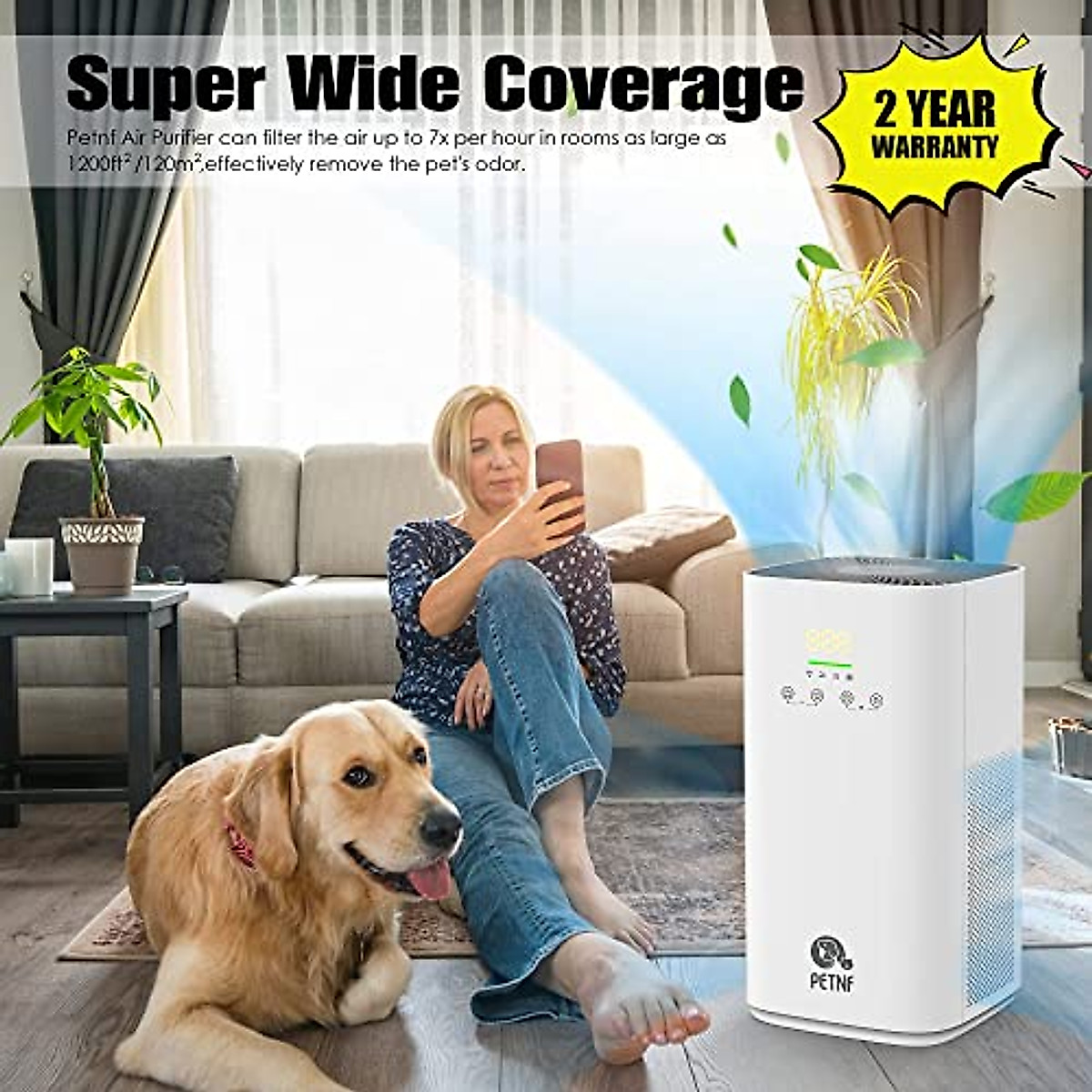 petnf 2021 Air Purifier for Pet Dander Hair Odor and Home Allergies,Upgraded Wifi App Remote Control,Mute Air Cleaner Odor Eliminators in Bedroom Living Room,Anti-tilt,42W Low Power,400CADR,560-1200ft²