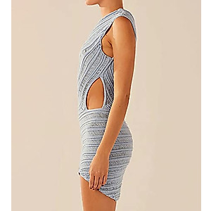 KIGRAD Women’s Sexy Y2K One Shoulder Sheer Ladder Knit Mini Dress Sleeveless Cut Out Slim Bodycon Summer Short Dresses Light Blue