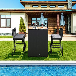 HAPPYGRILL 5 Pieces Rattan Outdoor Bar Set with Height Table & 4 Cushioned Bar Stools, Patio Bar Set Wicker Dining Set for Poolside Patio Backyard