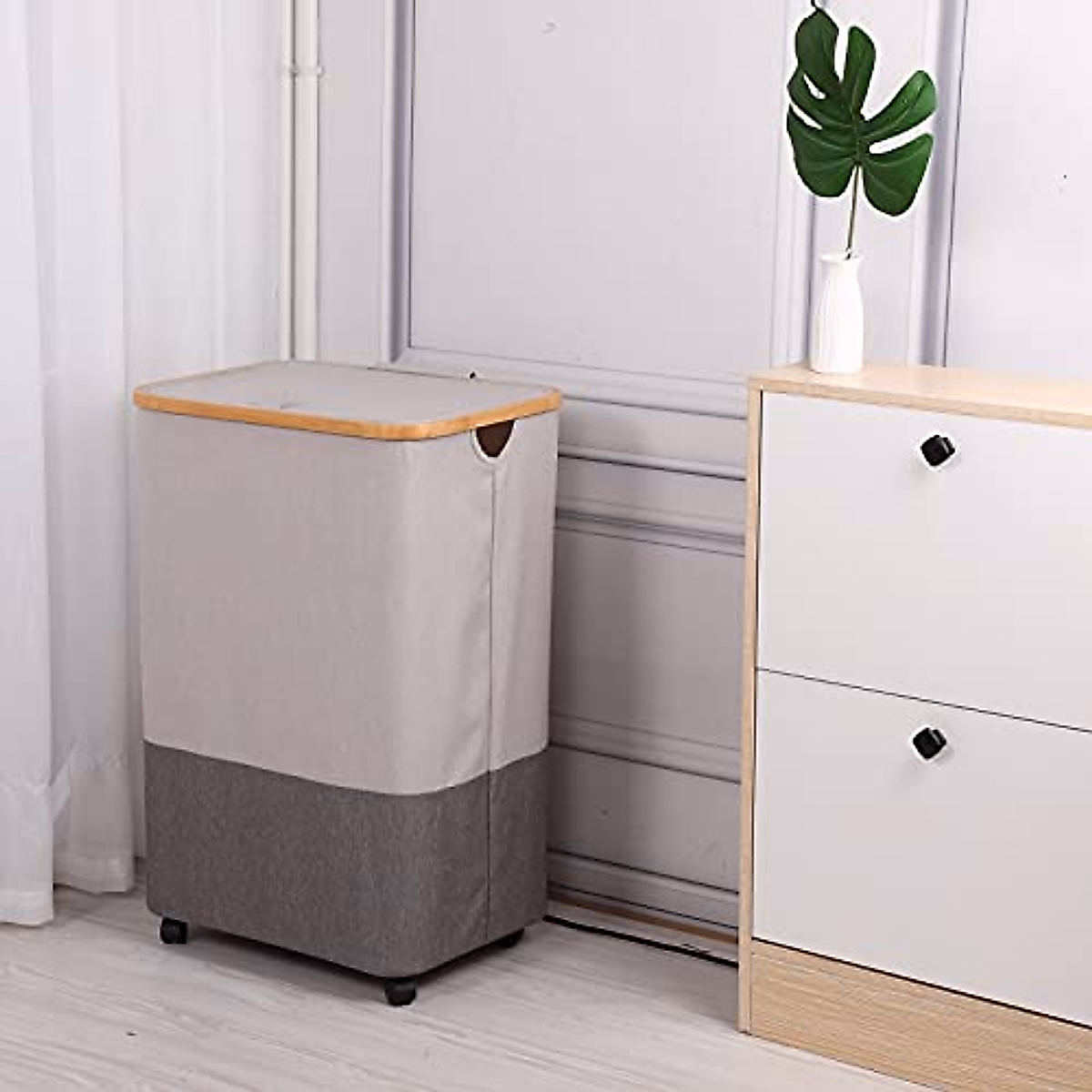 Large Laundry Hamper with Lid - Collapsible Laundry Baskets with Wheels and Removable Laundry Bag, 105L Capacity Dirty Clothes Hampers with Handles for Living Room, Bedroom, Laundry Room, Beige+Grey
