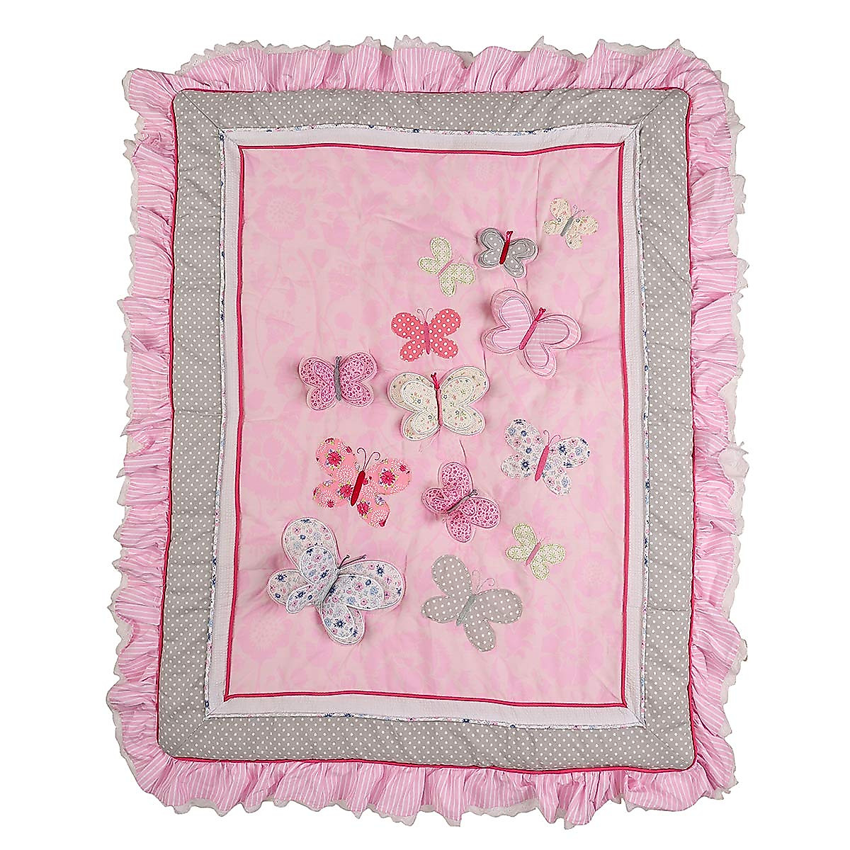 CribMATE 3 PCs Pink Embroidery Butterfly Nursery Crib Bedding Set Lace Trimmed Floral Butterfly Baby Girl Bedding Set Comforter Fitted Sheet Skirt Set