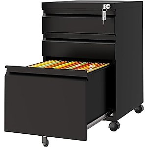 INTERGREAT Rolling File Cabinet with Wheels, 3 Drawer Metal Mobile Filing Cabinet with Lock, Black Vertical File Cabinet Under Desk with Hanging Bars, Fully Assembled