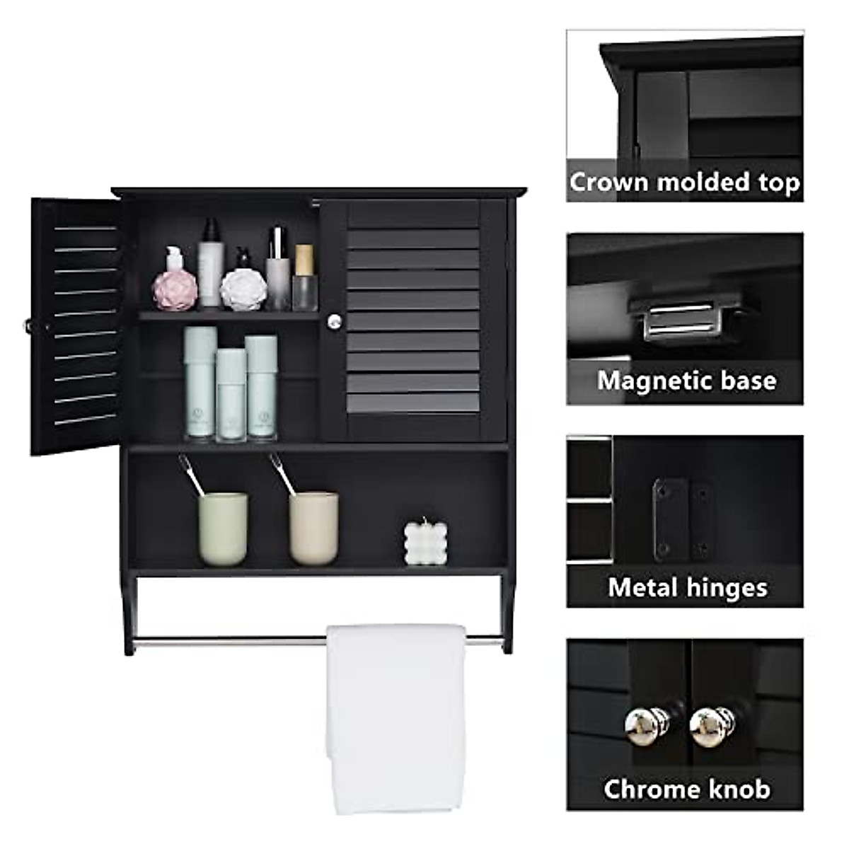 WEENFON Bathroom Wall Cabinet, Medicine Cabinet with 2 Shutter Doors & 2 Shelves, Bathroom Cabinet Wall Mounted with 1 Towels Rack, Over The Toilet Storage Cabinet, Black