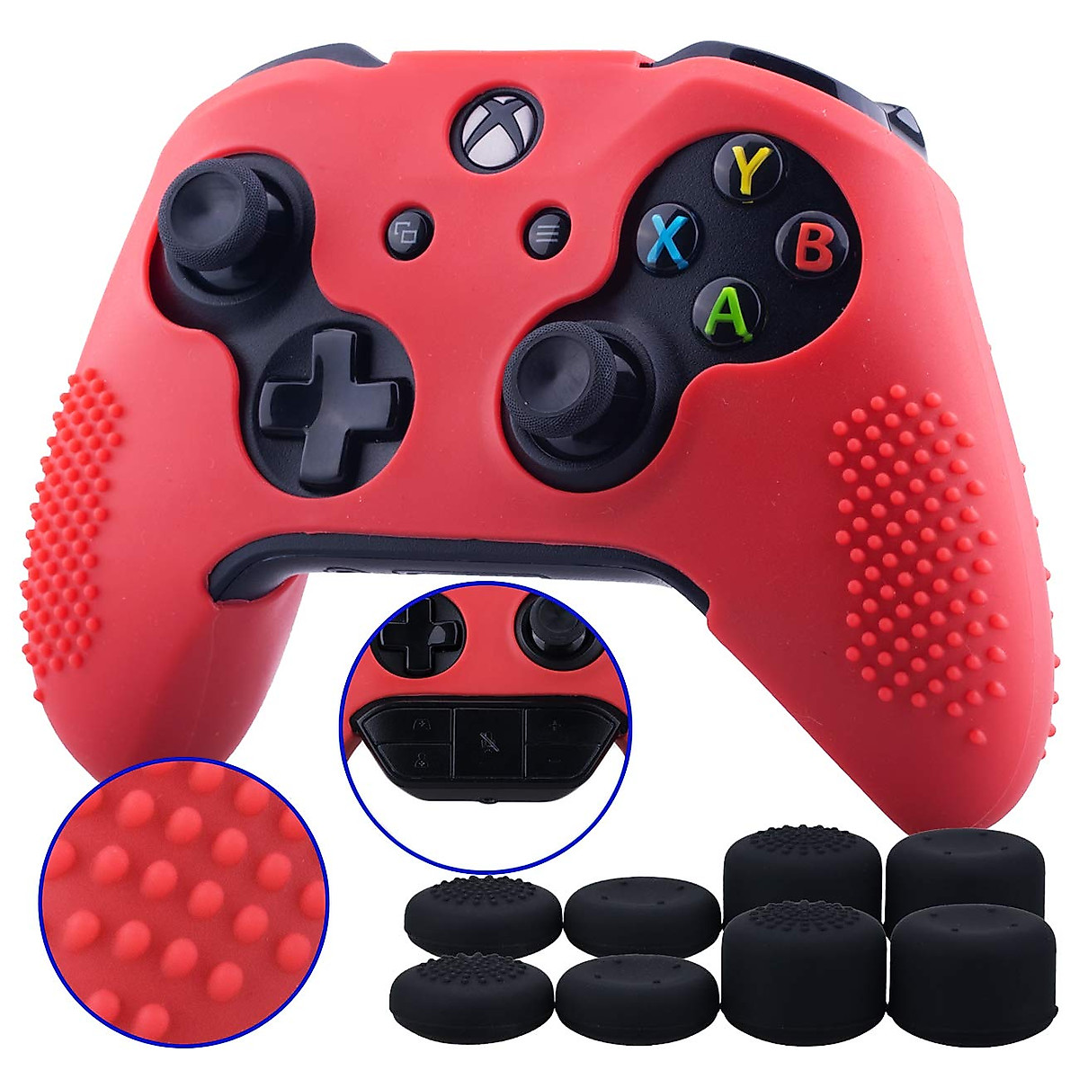9CDeer 1 Piece of Studded Protective Silicone Cover Skin Sleeve Case + 8 Thumb Grips Analog Caps for Xbox One/S/X Controller Red Compatible with Official Stereo Headset Adapter