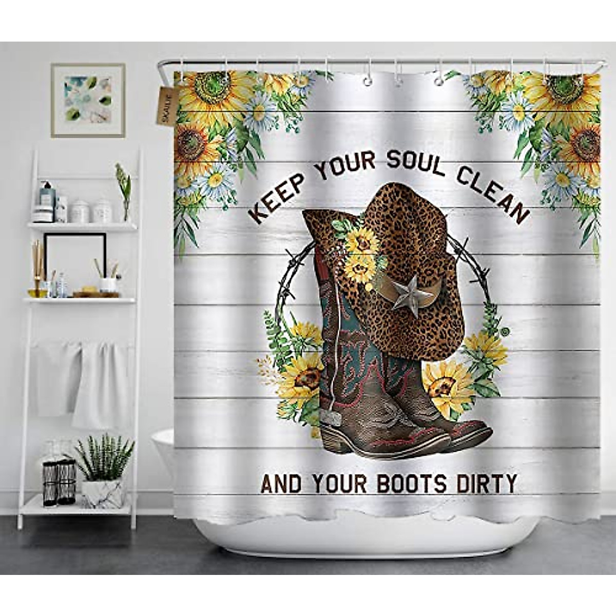 SKAILIÉ 4PCS Western Shower Curtain Set, Cowboy Boots Leopard Print Hat Yellow Sunflower White Daisy Floral Wild West Country Rustic Farmhouse Bathroom Decor, Fabric Shower Curtain, Non-Slip Bath Mat