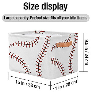 Baseball Storage Bin Basket, White Softball Large Toys Storage Cube Box with Handles, Collapsible Laundry Basket Rectangular Waterproof Storage Organizer Bin for Nursery Bedroom Shelves Gift Basket
