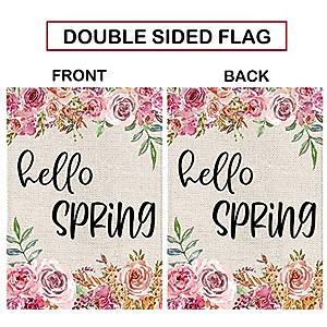 Hello Spring Garden Flag Peony Flowers Burlap Floral in The Air Flags Vertical Double Sided Farm Yard Outdoor Decoration Seasonal Home Décor 12.5 x 18 Inch