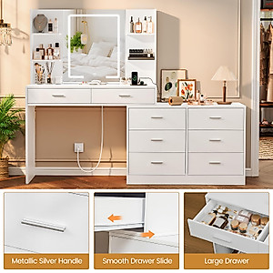 Quimoo 65.9'' Vanity Desk with LED Lighted Mirror & Power Outlet, Modern Corner Makeup Vanity Table with 8 Drawers & Open Shelves, Dressing Table for Bedroom, Makeup Room