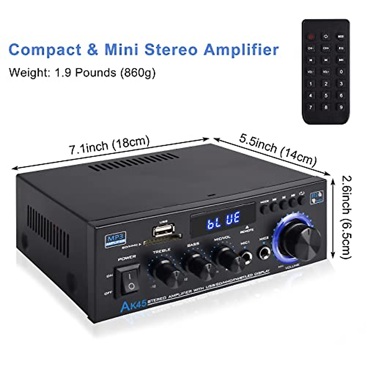 Stereo Audio Amplifier Receiver, 300Wx2 Home Dual Channel Bluetooth 5.0 Sound Speaker AMP, Home Amplifiers FM Radio, USB, SD Card, with Remote Control Home Theater Audio Stereo System Components
