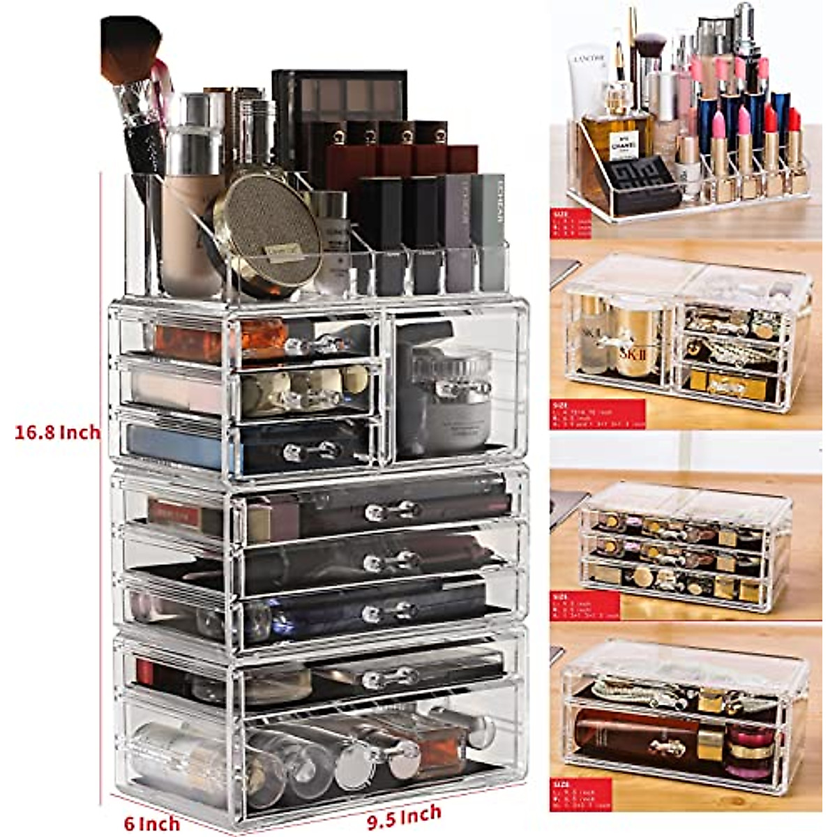 Cq acrylic Makeup Organizer Skin Care Large Clear Cosmetic Display Cases Stackable Storage Box With 9 Drawers For Vanity,Set of 4