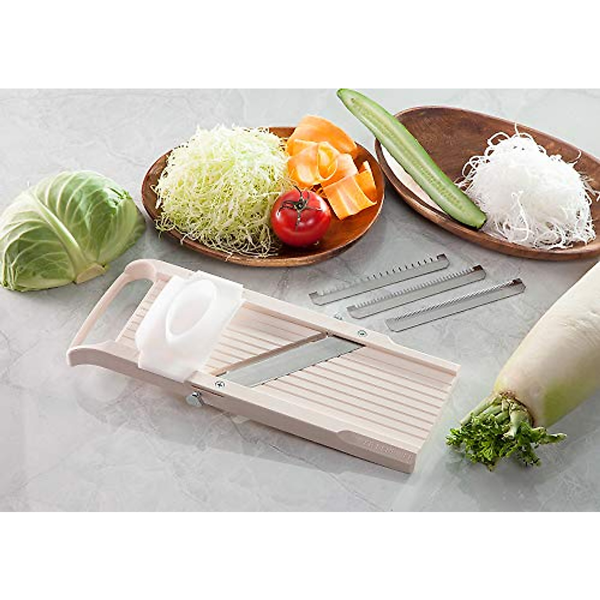 Benriner Super Standard Madoline Slicer, with with 4 Japanese Stainless Steel Blades, Almond