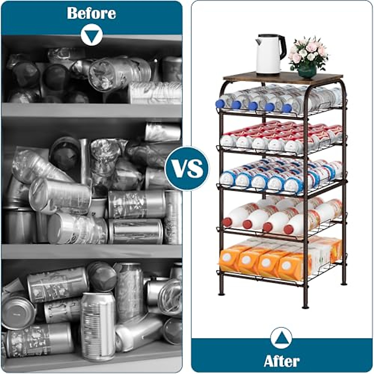 smusei Water Bottle Organizer 5 Tier Free Standing Water Bottle Holder Rack Large Capacity Bottled Water Storage Rack Metal Soda Can Beverage Drink Stand Shelf for Kitchen Pantry Office, Brown